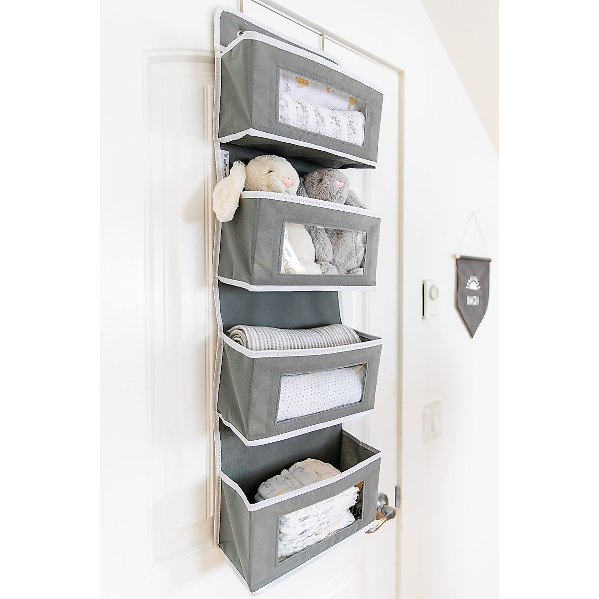Cradle Essentials Over Door Hanging Organizer | Storage Caddy for Newborn and Baby Items, Stuffed Animals | Large Pockets with Clear Windows for Nursery, Mudroom, Bathroom, Laundry, Pantry, Closet