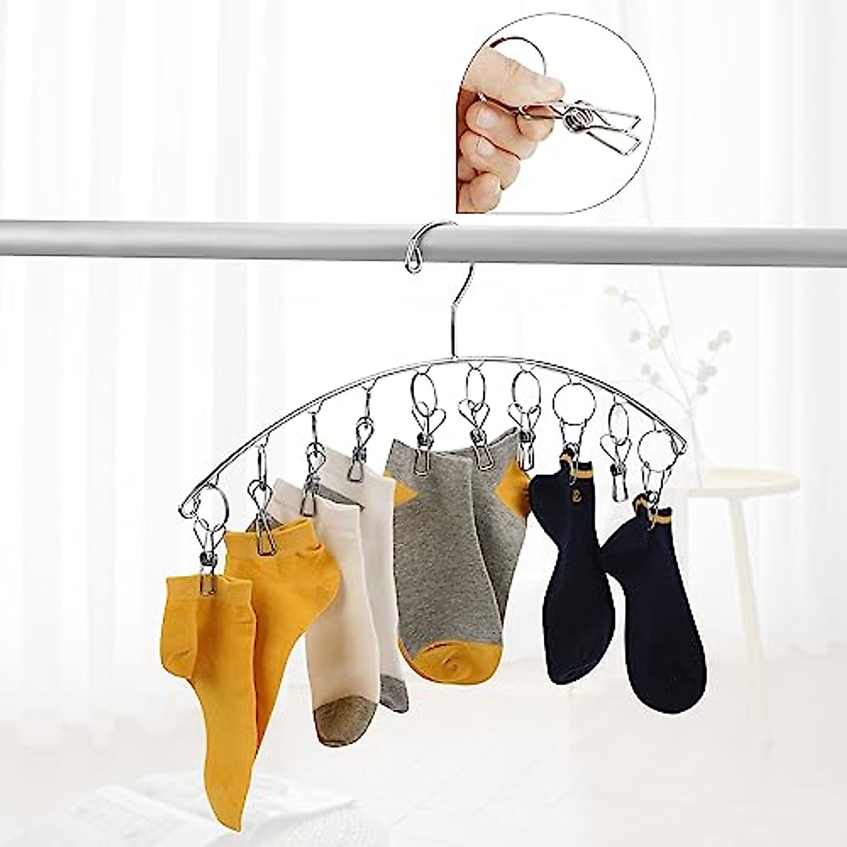 Toplife Clothes Hanger with 10 Clips, Stainless Steel, Windproof, for Drying Socks, Bras, Underwears, Baby Clothes, Hats, Scarfs, Towels, Pants and Gloves, Set of 2