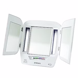 JERDON Modern Tri-Fold Makeup Mirror with Lights - Vanity Mirror with 5X Magnification & Multiple Light Settings - White Base - Model JGL10W