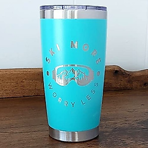 Ski More Worry Less 20oz Coffee Tumbler (Teal), Skiing Gifts for Women, To Go Travel Coffee Mug, Snow Ski Accessories Fun