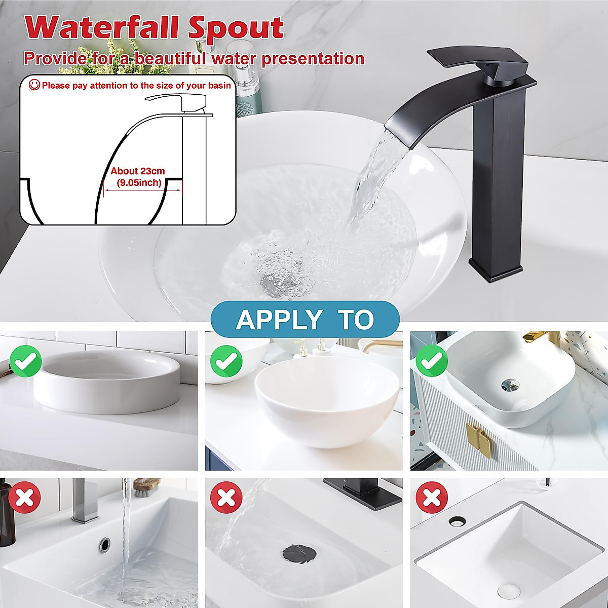 Midanya Bathroom Sink Faucet Waterfall Spout Single Handle 1 Hole Deck Mount Mixer Tap Lavatory Vanity Vessel Faucet Commercial with Pop Up Drain,Tall, Oil Rubbed Bronze