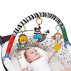 Adjustable Baby Travel Play Arch, Detachable Activity Musical Animal Toys Mobile for Bassinet Crib Stroller Pram Car Seat Mobiles Width Among 11.6-20.2 Inch with Rattles BB Squeaker Teether