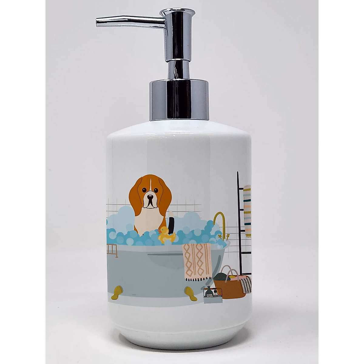Caroline's Treasures WDK5737SOAP Tricolor Beagle in Bathtub Ceramic Soap Dispenser Hand Soap Dispenser Pump Bottles for Bathroom Kitchen, Empty Refillable Liquid Soap Container