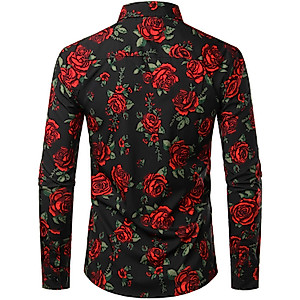 ZEROYAA Mens Fashion Urban Design Polyester Slim Fit Long Sleeve Rose Printed Button Up Dress Shirts ZLCL21-Black Small