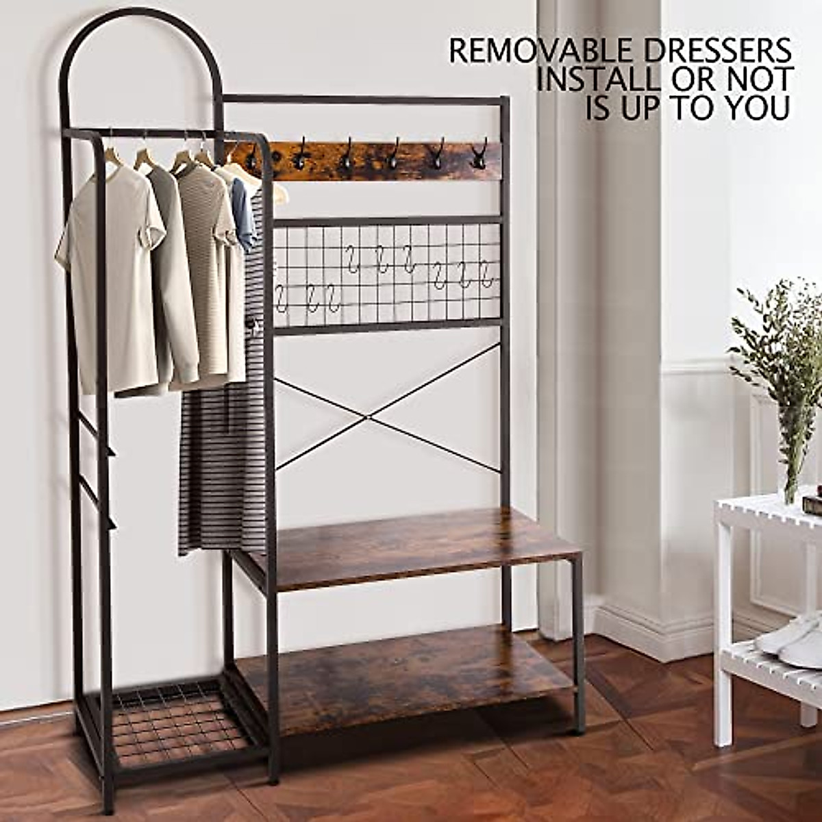 YITAHOME Entryway Hall Tree with 16 Metal Hooks, Coat Rack Stand with Side Shelves, Industrial Coat Rack Shoe Bench with 2 Foldable Drawer, Gray, 70" High