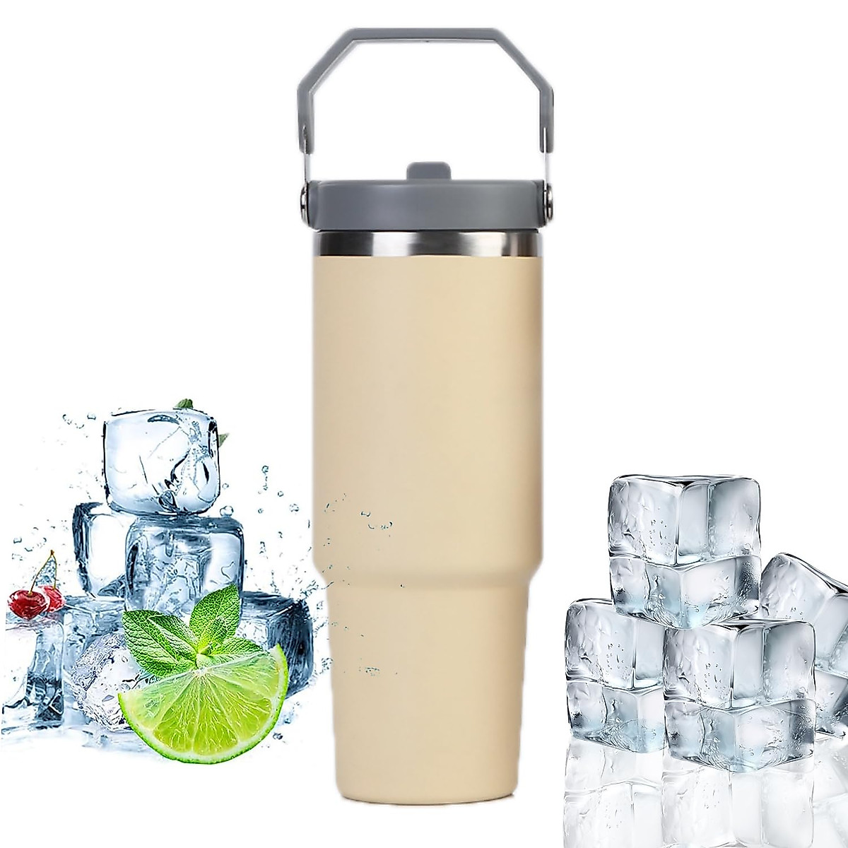 Facdiary 30oz Tumbler With Straw Lid Vacuum Sealed Insulated Cup Reusable Stainless Steel Water Bottle Trave for Water, Iced Tea or Coffee (Off-white)