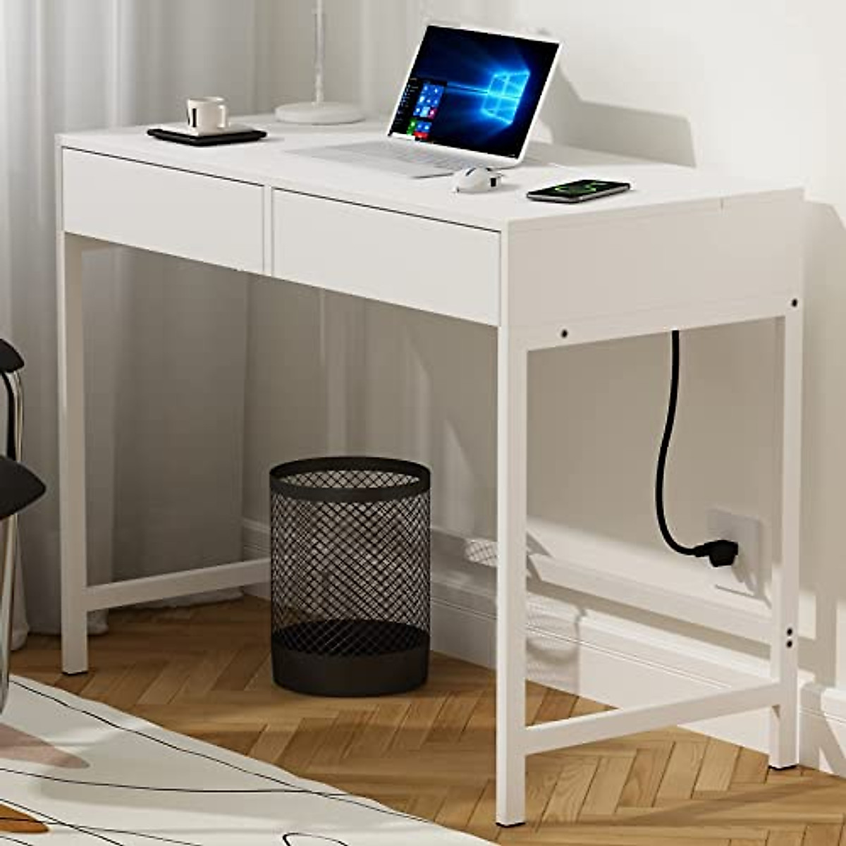 Treocho Computer Desk with USB Charging Ports and Power Outlets, Modern Simple 40 inch White Desk with 2 Drawers, Vanity Desk, Makeup Table for Home Office, Bedroom
