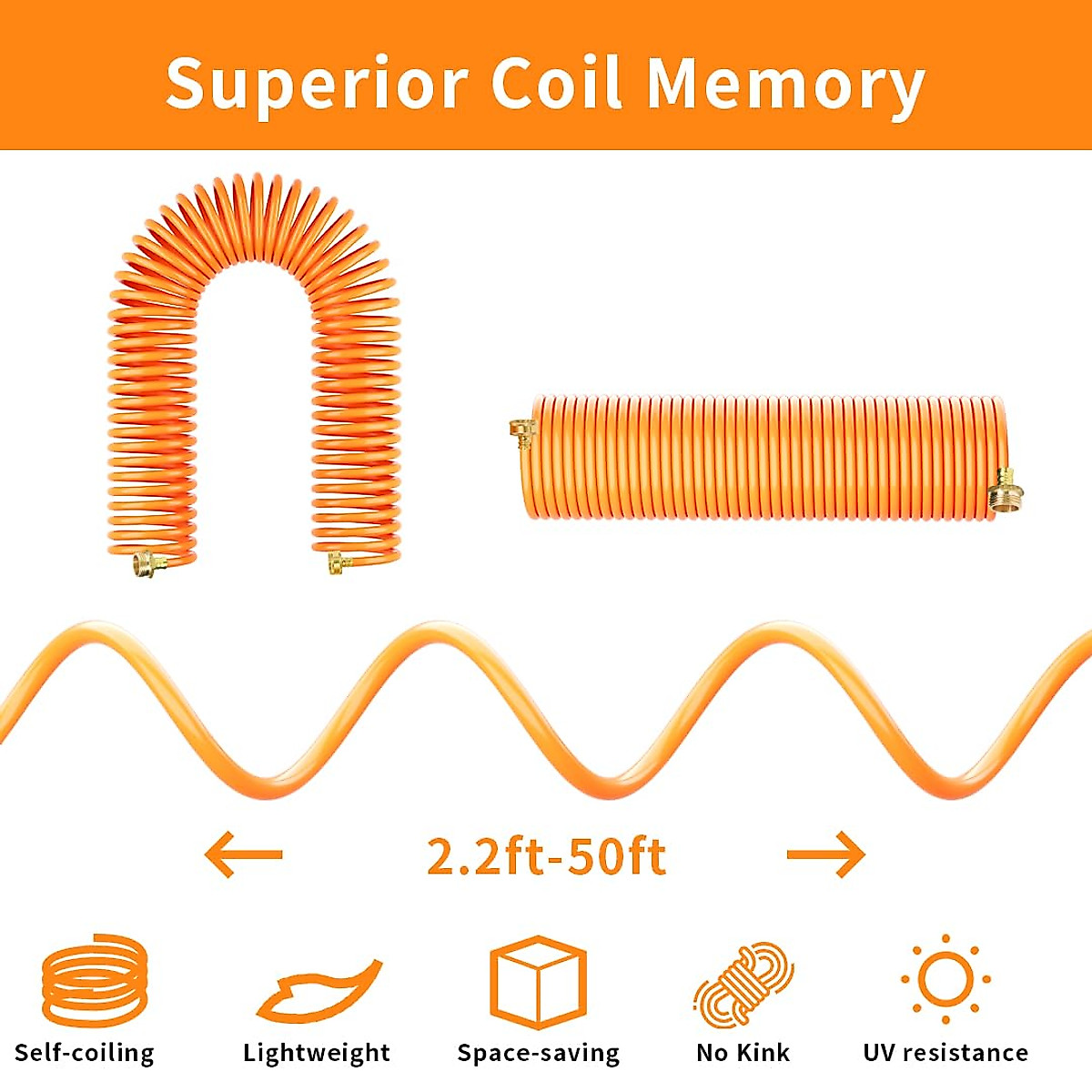 BESITER Coil Hose 50 ft, EVA Recoil Garden Hose Brass Connector, Coiled Watering Hose, Lightweight Flexible hoses, and Includes 10 Patterns Spray Nozzle for Outdoors Lawn Watering, Car Washing Orange