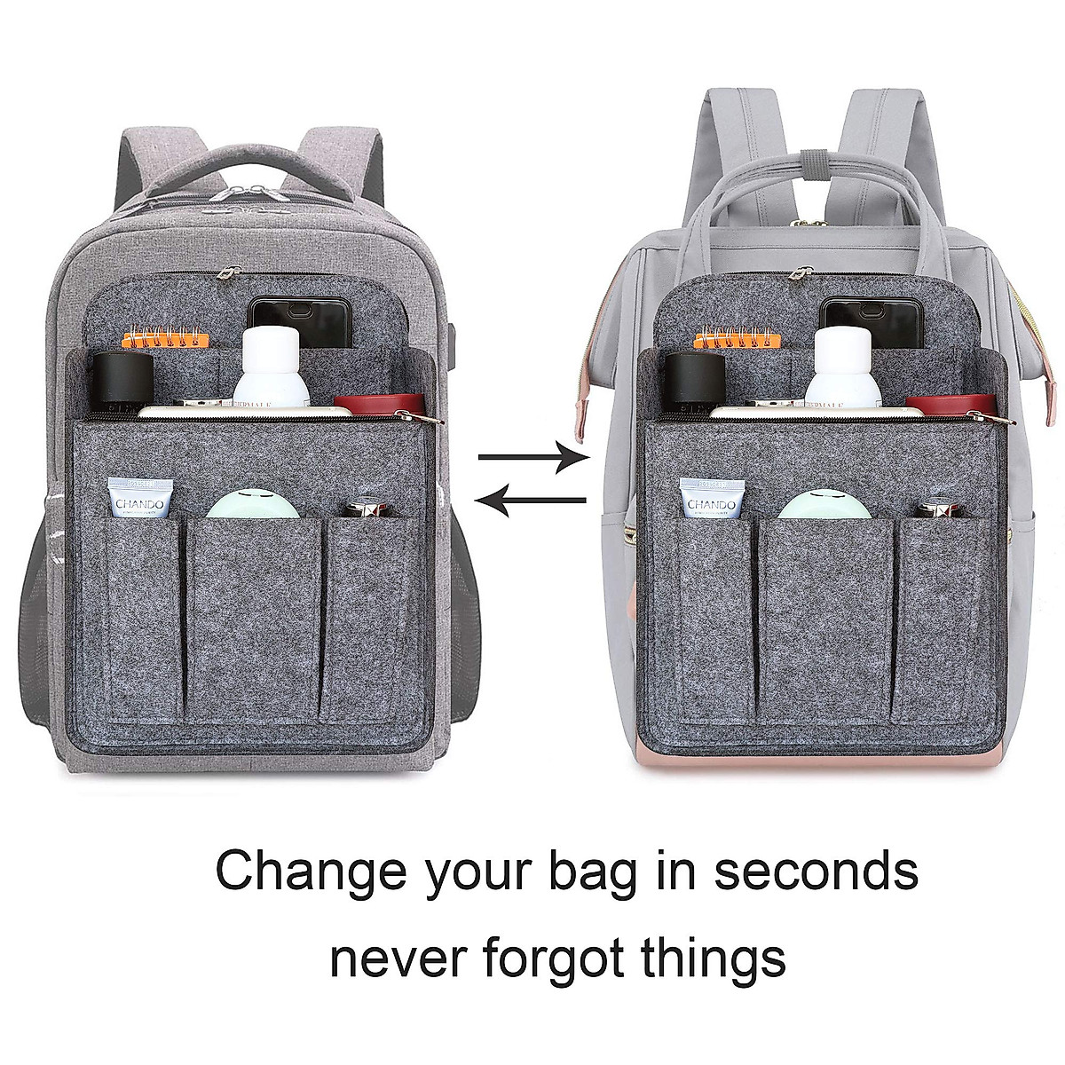 Yoillione Felt Backpack Organizer Insert for Women and Men, Large Travel Rucksack Insert with High Capacity, Lightweight Bag Organizer with Zipper Pockets