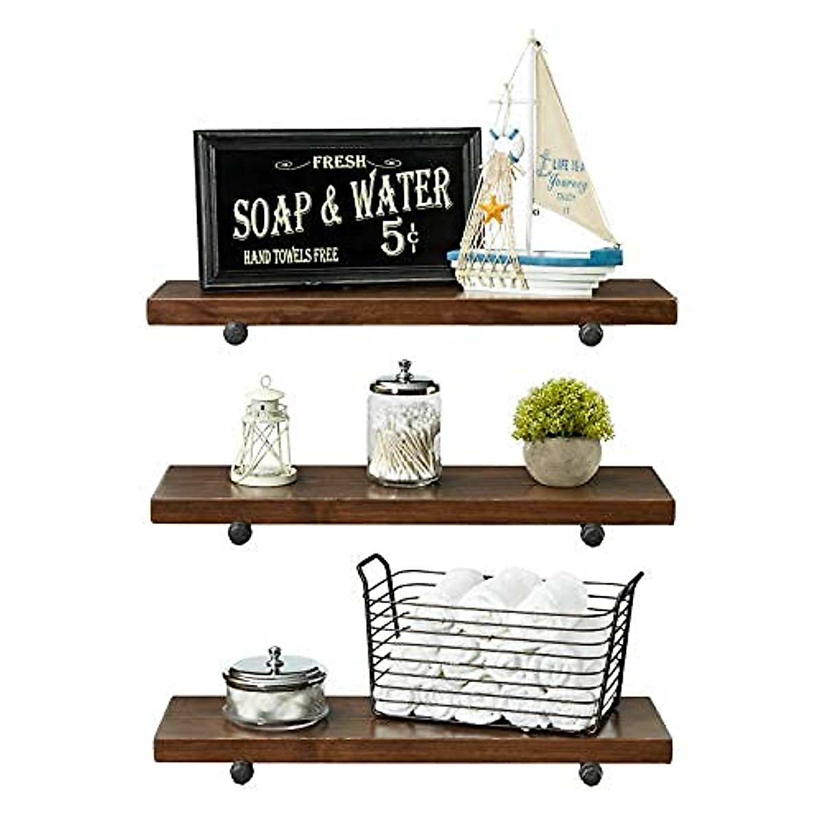 Mark One Home Goods 3 Tier Wood Shelves with Black Pipe Brackets (Dark Walnut, 3 Tier)