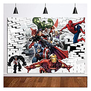 Superman Theme Photography Backdrop Super City Spiderman White Brick Wall Photo Background for Superhero Spiderman Kids Birthday Party Cake Tale Decor Banner Studio Booth Props 7x5ft