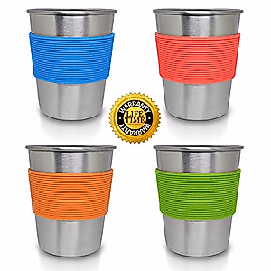 Stainless Steel Cups for Kids and Toddlers 8 oz. with Silicone Sleeves - Small Metal Cups for Home & Outdoor Activities, BPA Free Healthy Unbreakable Premium Metal Drinking Glasses (4-Pack)
