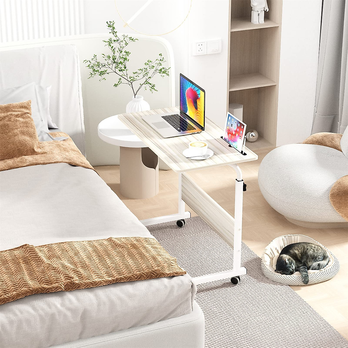 SogesPower 31.5 inches Mobile Laptop Desk with Slot Adjustable Side Table Computer Stand for Bed Sofa, White Maple