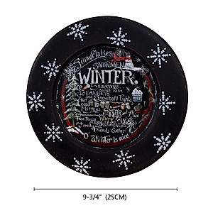 CVHOMEDECO. Winter Decorative Plate Primitives Distressed Round Christmas Display Wooden Plate Home Décor Art, 9-3/4 Inch