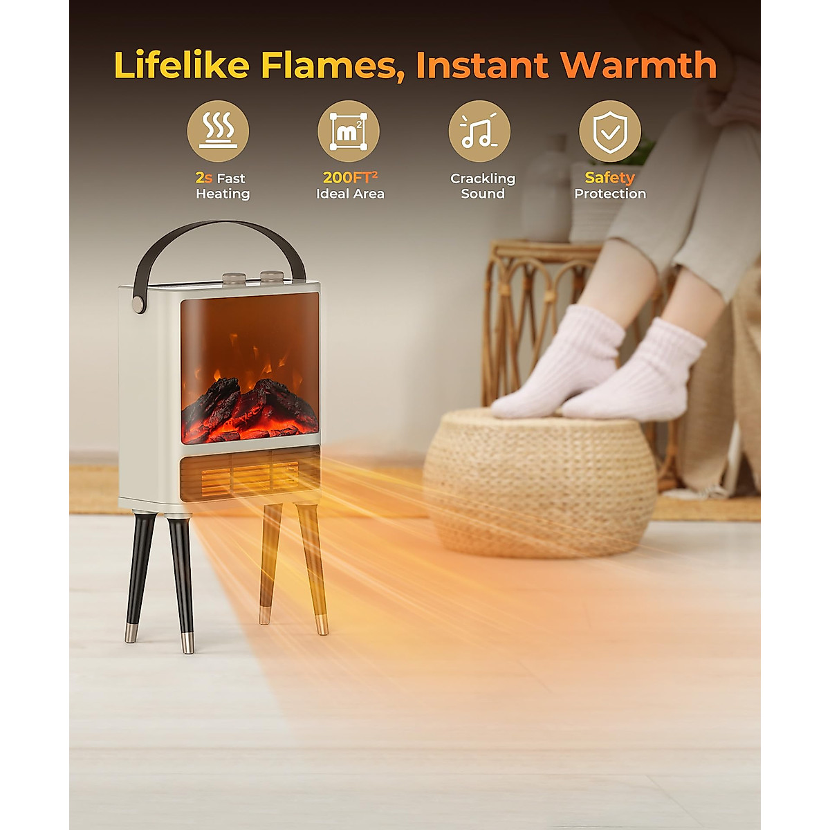 Fireplace Heater, Fireplace Space Heater for Indoor Use, Space Heater with Realistic 3D LED Flame, 2 Modes, Overheating & Tip-Over Protection, 1500W Fireplace Electric Heater for Bedroom White