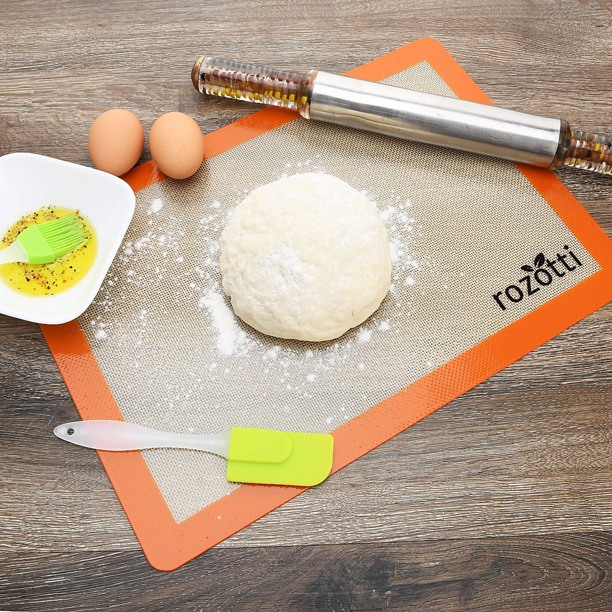 ERNITERTY Rozotti Silicone Baking Mat Bundle (6-Piece Set) 2 Half Sheets Silicone Baking Mat and 2 Quarter Sheets Silicone Baking Mat, Silicone Baking Brush, Silicone Baking Spatula, Orange