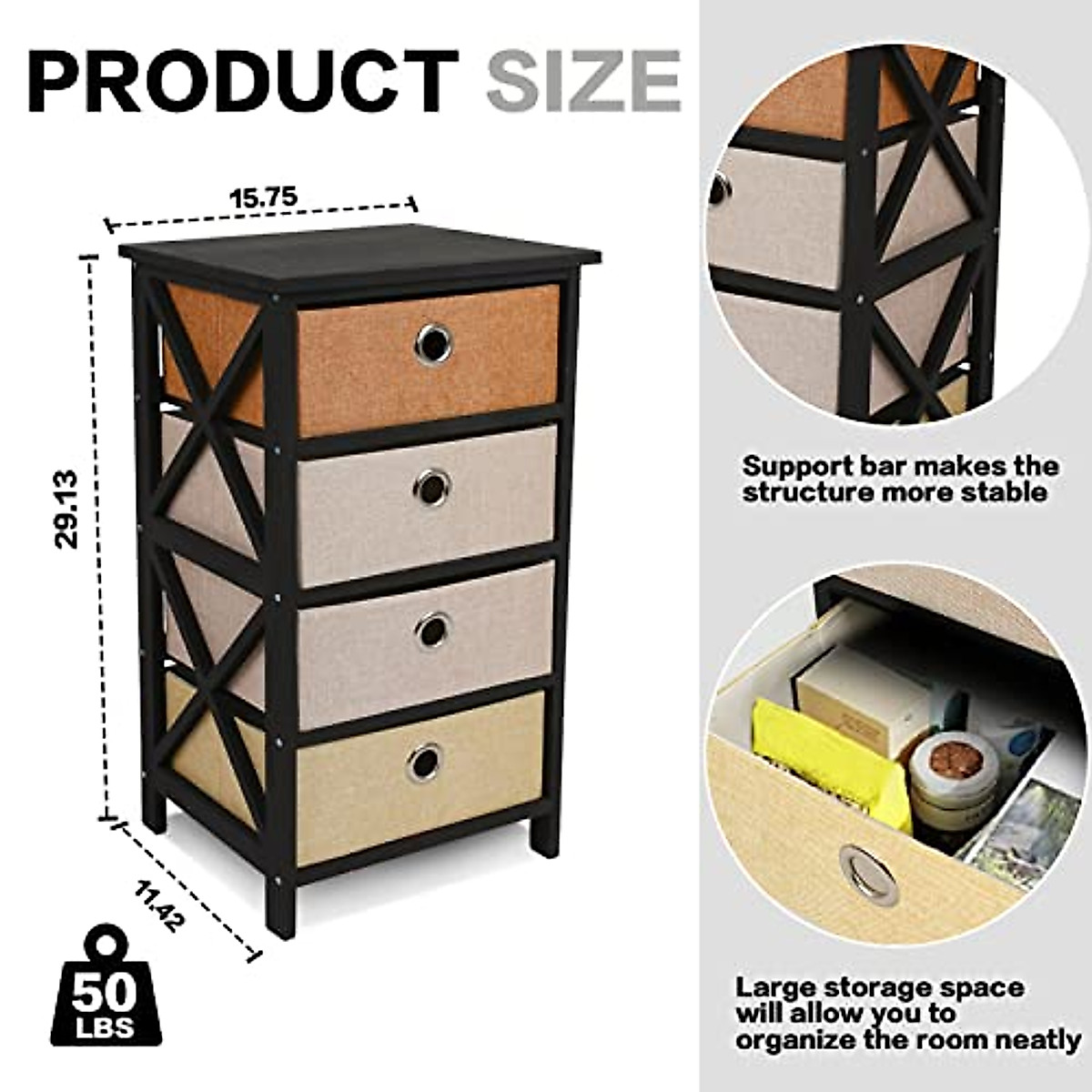 Nightstands Set of 2, with 4 Drawers, Wood Nightstand, Contrasting Colors Fabric Drawers, Easy Assembly Bedside Tables for Bedroom, College Dorm, Sturdy Black Wood Frame, Wood Top, Easy Pull Handle.