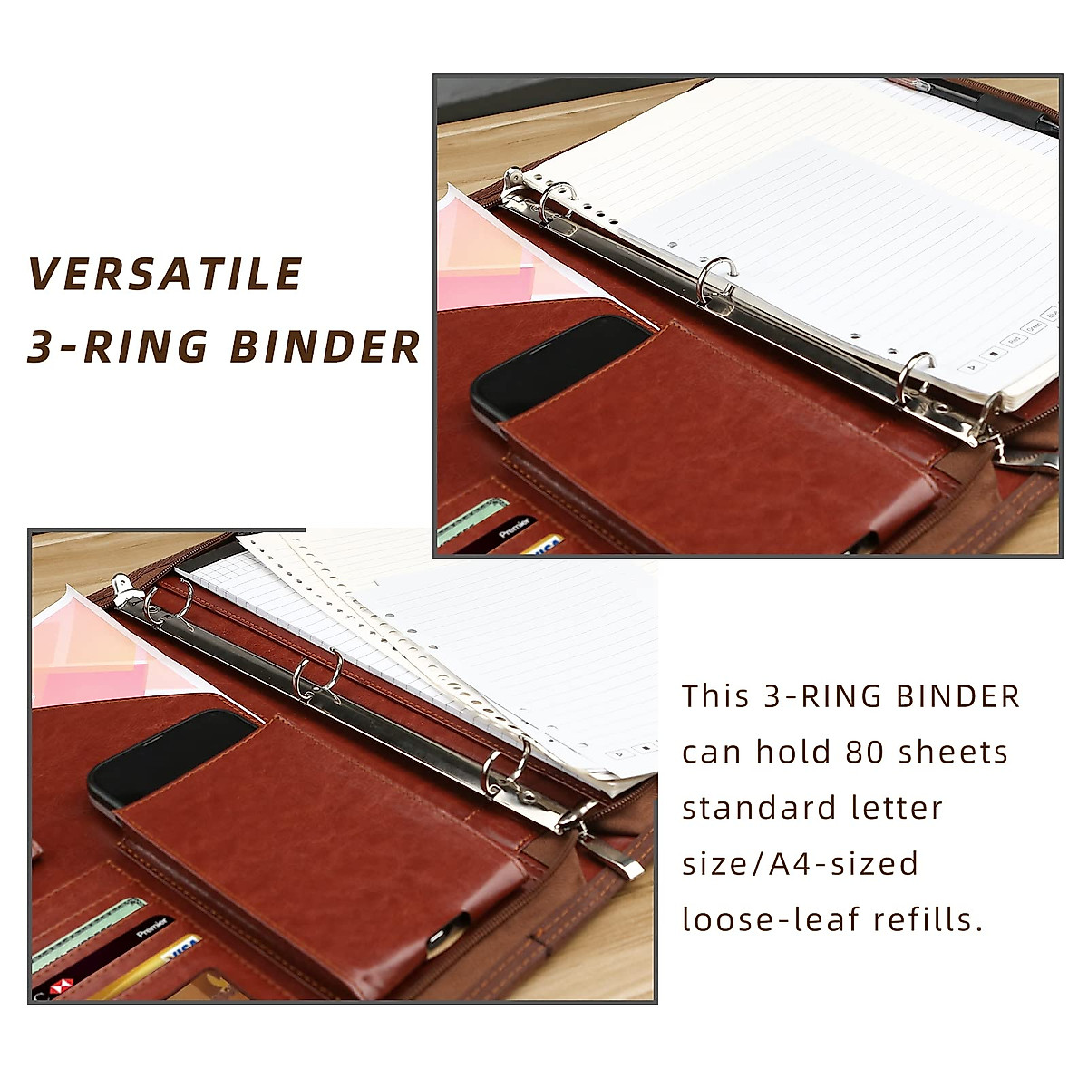 Zippered Portfolio Organizer, WRIYES Leather Padfolio with 3 Ring Binder, Professional Business Binder, Organizer for IPad/Document, Phone & Business Cards, Office Gifts for Men or Women (Brown)