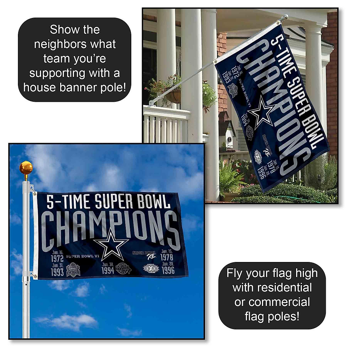 WinCraft Dallas Cowboys 5X and 5 Time Super Bowl Champions Flag Outdoor Indoor 3x5 Foot Banner