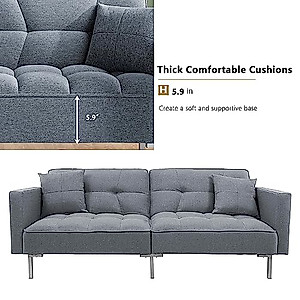 RIDFY Modern Upholstered Adjustable Folding Sofa Bed with Two Pillows and Metal Legs, Linen Fabric Futon Couch with Armrests for Living Room, Apartment, Dorm, Home, Office (Dark Gray)