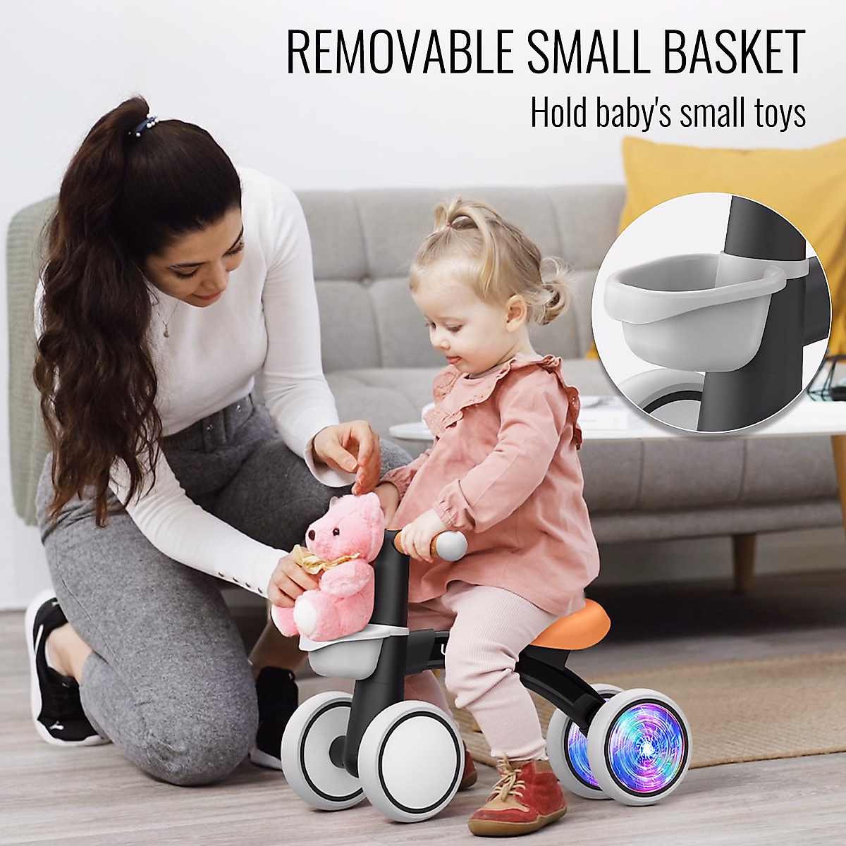 Umatoll Colorful Lighting Baby Balance Bike Toys for 1 Year Old Boys Gifts, Adjustable Seat Baby Walker, One Year Old Boy Birthday Gifts, 12-24 Months Toddler First Ride on Toys with Removable Basket