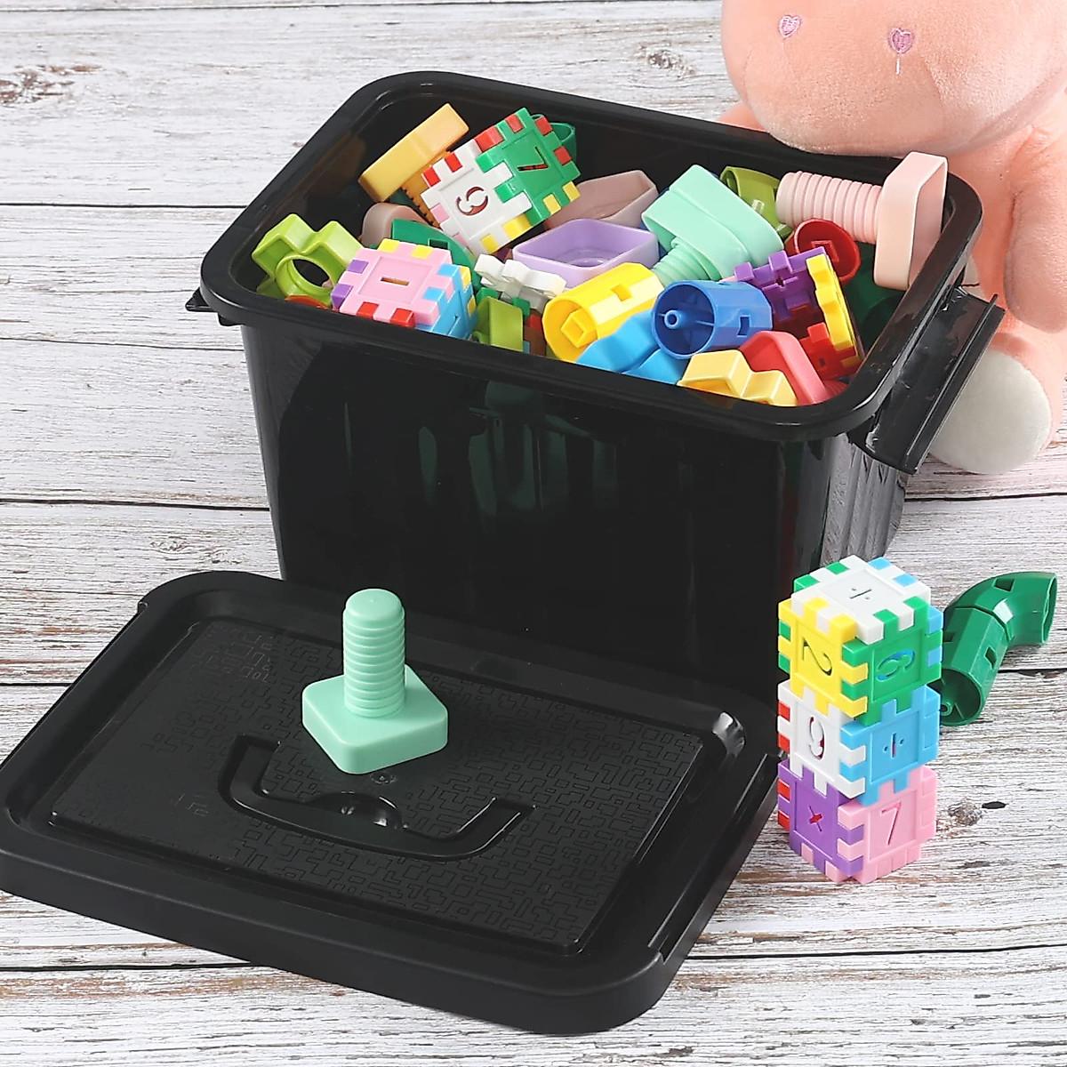 Vcansay 6 Quart Plastic Storage Latching Bin with Handles, Black, 6 Packs