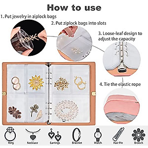 ChezMax Jewelry Organizer, Jewelry Storage Book with Pockets, Foldable Earrings Travel Album, PU Leather Accessories Holder Booklet for Necklace Rings (64 Grids+64 Anti-Oxidation PVC Bags) Pink