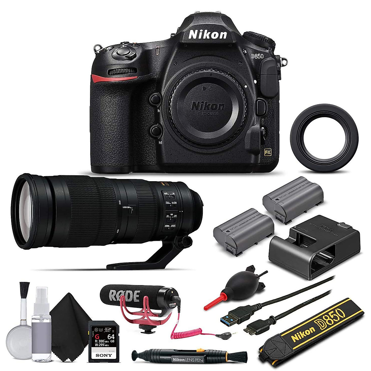 Nikon D850 Digital SLR Camera W AF-S FX NIKKOR 200-500mm f/5.6E ED Lens, 64GB Memory Card, Soft Bag, Rode Mic, Extra Battery (International Model) (Renewed)