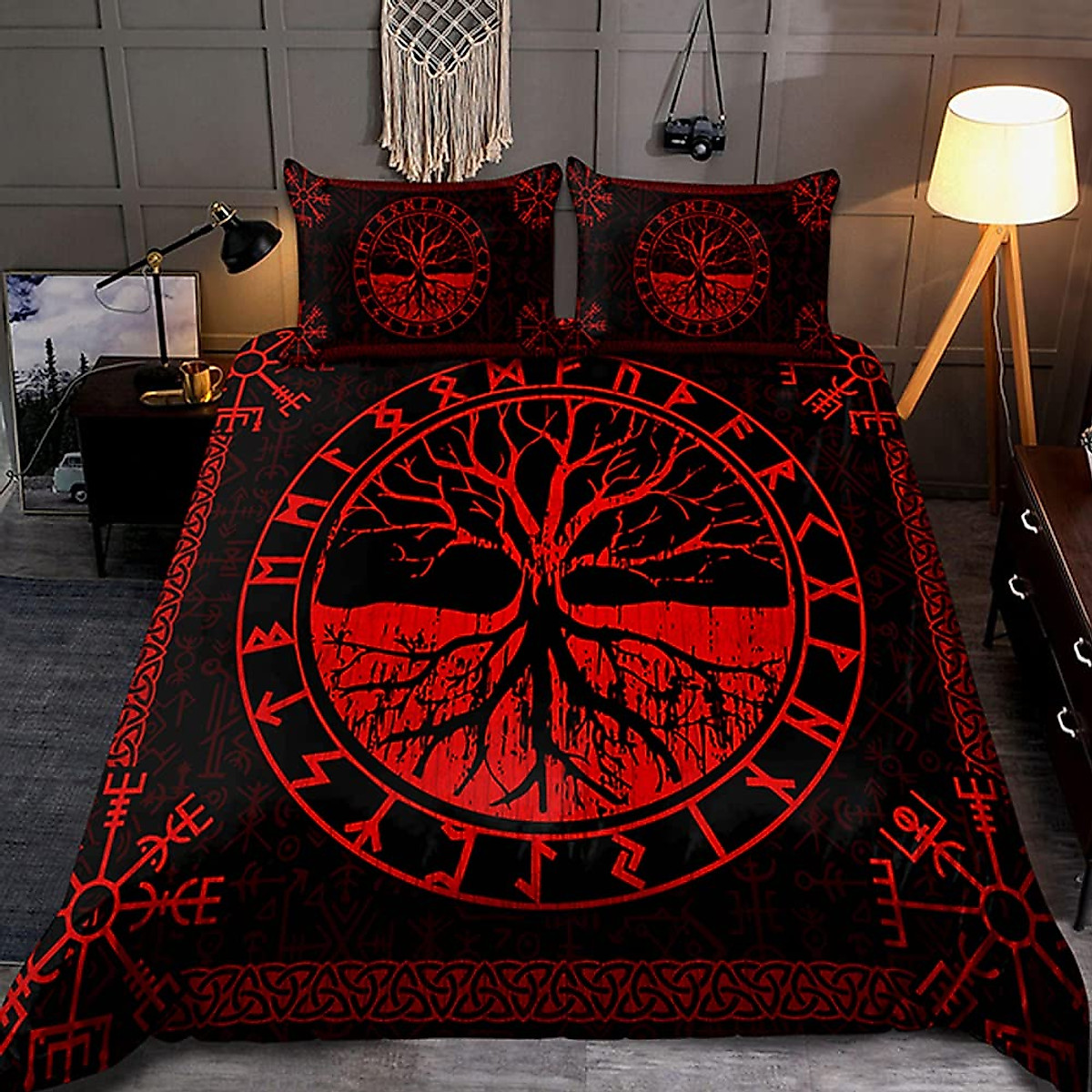 WDBAYXH Nordic Tree of Life 3 Piece Bedding Set, Viking 3D Print Duvet Cover with Pillowcases, Scandinavian Folklore Motifs Bedroom Home Textiles,Red,Queen