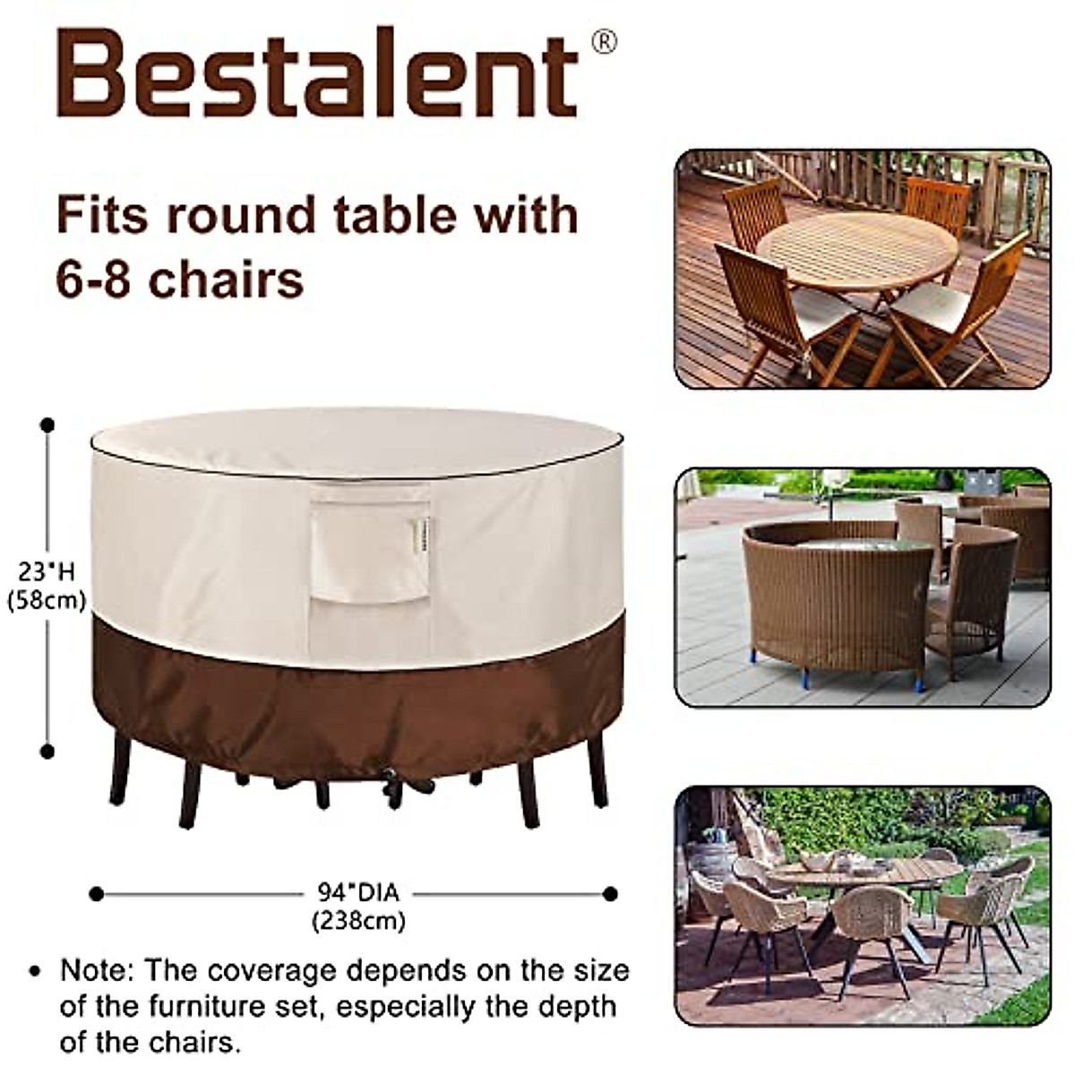 Bestalent Patio Furniture Covers Waterproof for Table ,Round Outdoor Table and Chair Set Covers 94" DIAx23 H,Brown