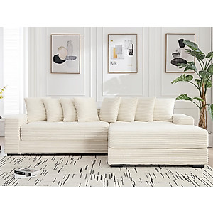 Sectional Sofa Couch,111"W Corduroy L Shaped Couch with Chaise, Comfy Sectional Sleeper Sofa with 8 Throw Pillows,Upholstered Cloud Couch,Modern Corner Sofa for Living Room,Office(Right Facing,Beige)