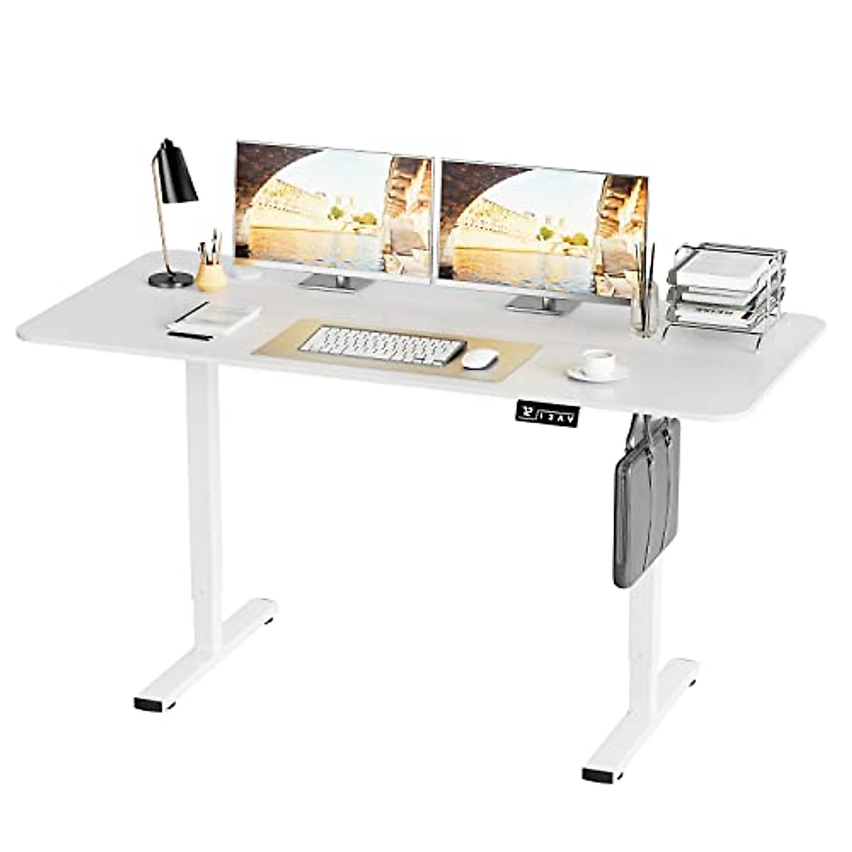 Furniwell Electric Height Adjustable Standing Desk Large Sit Stand up Desk Home Office Computer Desk 55 x 24 Inches Lift Table with T-Shaped Metal Bracket, White