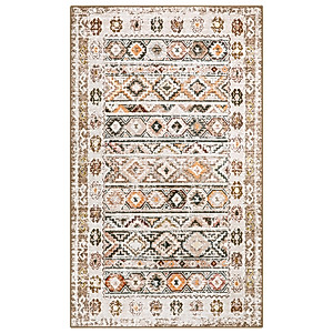 Wonnitar Boho Washable 3x5 Area Rug, Non-Slip Moroccan Entry Rug Distressed Throw Rug for Bedroom, Non-Shedding Western Aztec Low Pile Floor Carpet for Kitchen Bathroom Entrance (Khaki/Multi,3'x5')