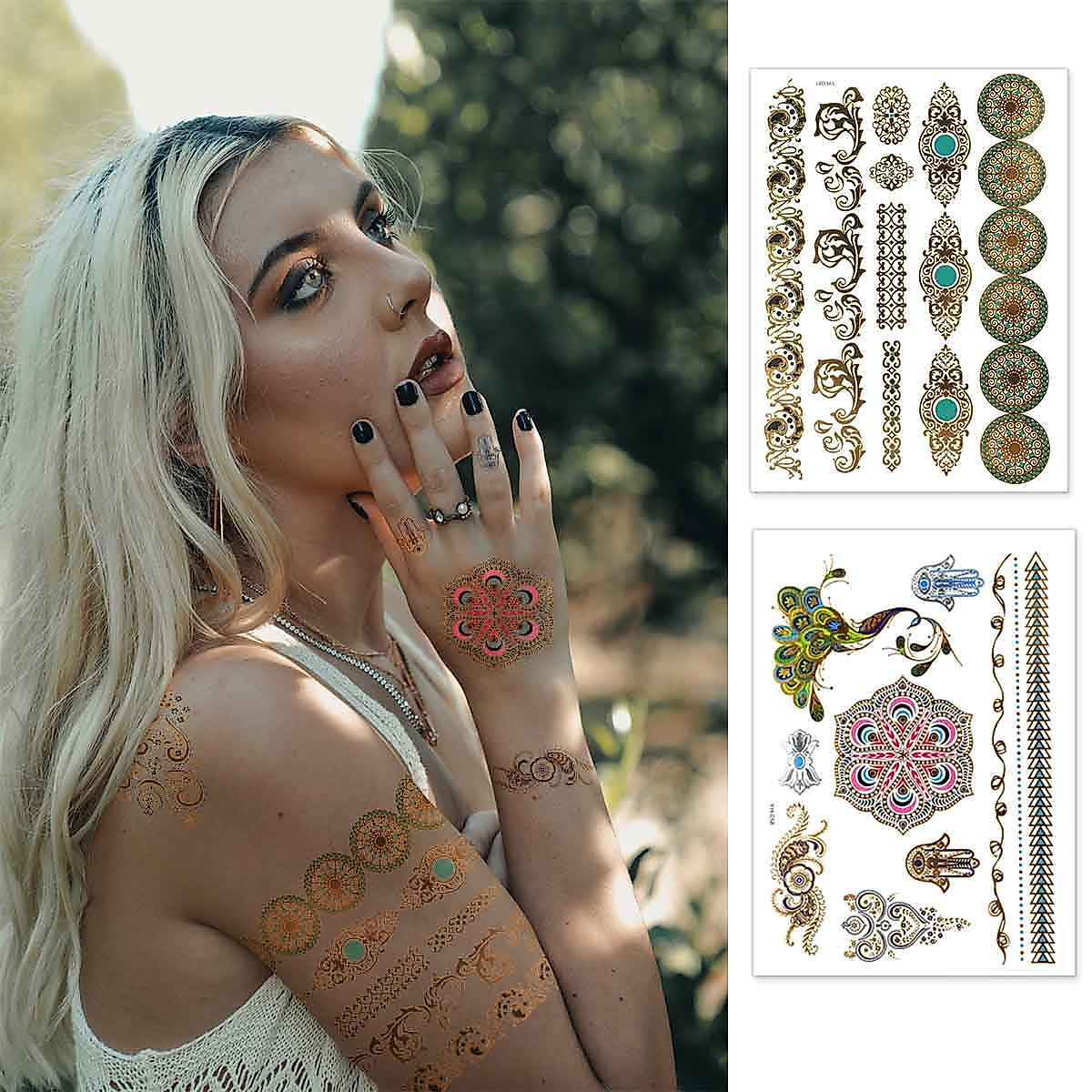 12 Sheets Flash Gold Metallic Temporary Tattoos for Women Girls Waterproof Gold Silver Tattoo Stickers for Beach Festivals Parties Long Lasting Nontoxic Glitter Fake Tattoos Exquisite Designs