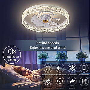 Fszdorj 2023 Upgraded 20‘’ Smart Ceiling Fan with Light, Low Profile Fan, Flush Mount Ceiling Fan, 6 Speeds, Dimmable LED, App & Remote Control, Quiet DC Motor, For Bedroom, Living Room, F111 White