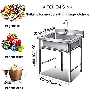 Catering Kitchen Sink, Single Bowl Brushed Stainless Steel Commercial Sink Free?Standing?Utility?Washbasin with Accessories Faucet Used to Restaurant Outdoor Workstation (60 * 60 * 80cm)
