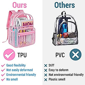 Mancro Clear Backpack for Girls, TPU Transparent Bookbag Heavy Duty See Through School Bag with 14 Inches Laptop Compartment, See Through School Backpack, Pink