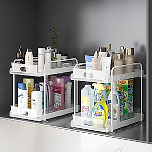 Alwytlon Pull Out Under Sink Organizer, Sliding Cabinet Basket Organizer, 2 Tier Clear Under Bathroom Storage Rack with Hooks, Multi-purpose Storage Shelf for Bathroom Kitchen, transparent & White
