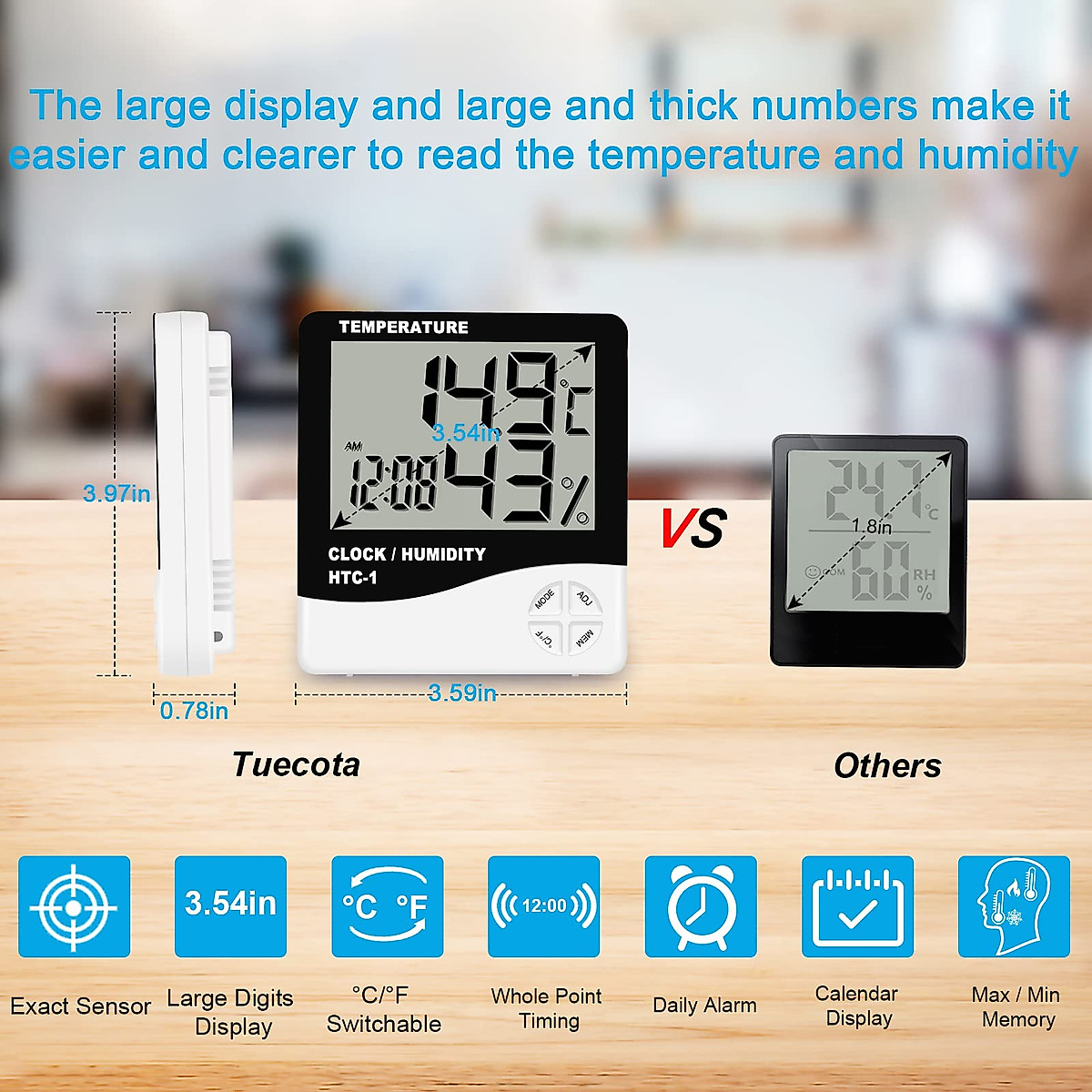 Digital Thermometer Hygrometer, Tuecota Temperature Humidity Monitor with Max/Min Record Function, Indoor Thermometer Humidity Gauge for Living Room, Warehouse, Baby Room, Office, Garden