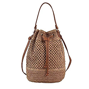 WIGUYUN Women Straw Drawstring Bucket Purse Small Tote Shoulder Handbag Hollow Out Cross-body Bag for Summer,Beach Light Brown