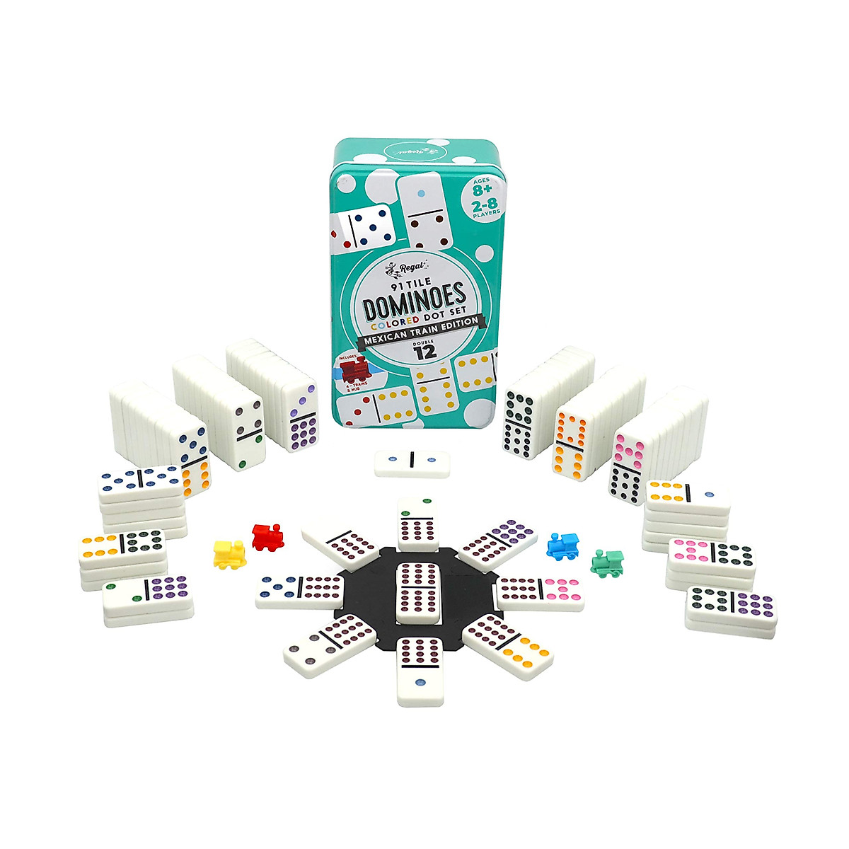 Regal Games â€“ Double 12 Dominoes â€“ Colored Dots Set â€“ Mexican Train Edition Set with, 91 Tiles, 4 Trains, Hub, & Collector's Tin - 2-8 Players Ages 8+ for Kids & Adults