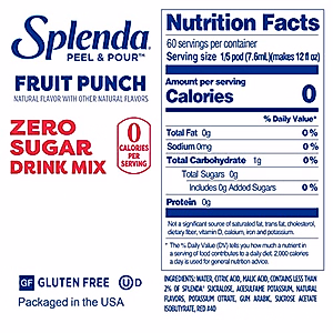 Splenda Peel and Pour Zero Calorie Drink Mix, Fruit Punch, Naturally Flavored Sugar Free Concentrate, 12 Multi Serve Liquid Pitcher Pods