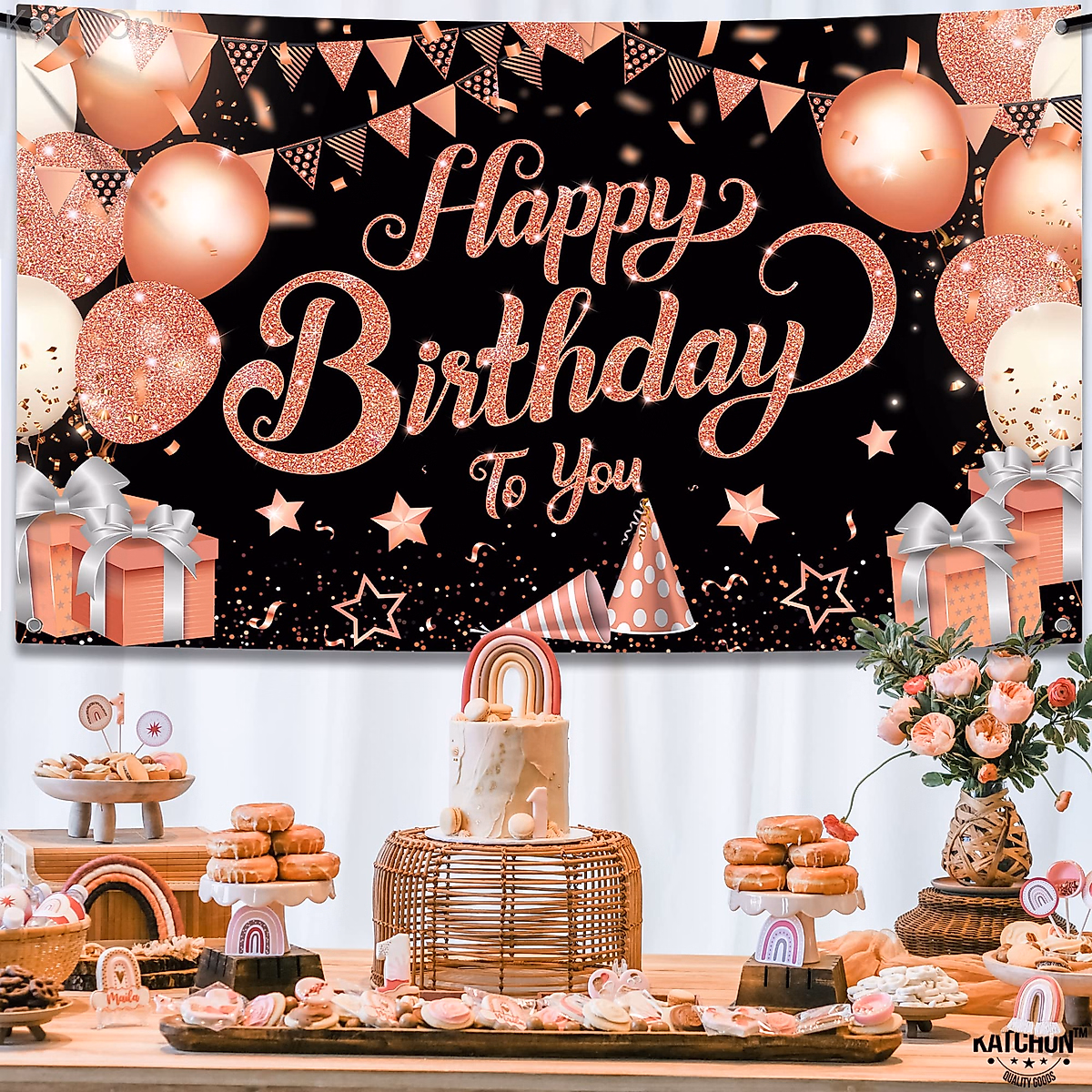 KatchOn, XtraLarge Rose Gold Happy Birthday Banner - 72x44 Inch | Black and Rose Gold Birthday Banner for Women | Happy Birthday Sign, Happy Birthday Decorations for Women | Happy Birthday Backdrop