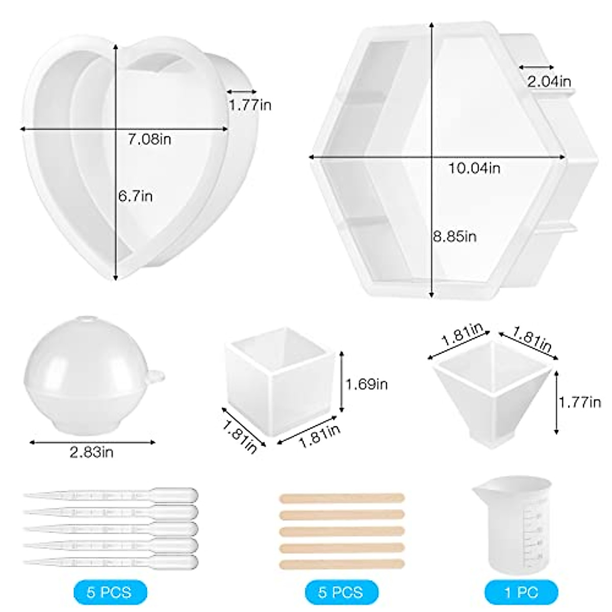 Resin Molds Silicone Kit, 8 in 1 Silicone Molds for Epoxy Resin, Large Resin Molds for Flowers Preservation, Ideal Resin Starter Kit Including Hexagon, Heart, Sphere, Pyramid, Cube and Set Tools