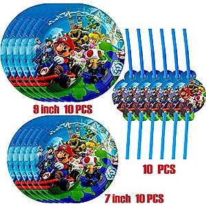 Super Mario Party Favor Party Decorations, Super Mario party Themed Flatware, Banner, Balloons, Plates, Spoons, Fork, knives, Napkins, Cake Toppers, Paper cups, Straws, Tablecloth Party Supplies Kids Boys and Baby Shower Themed Birthday Party Supplies, Su