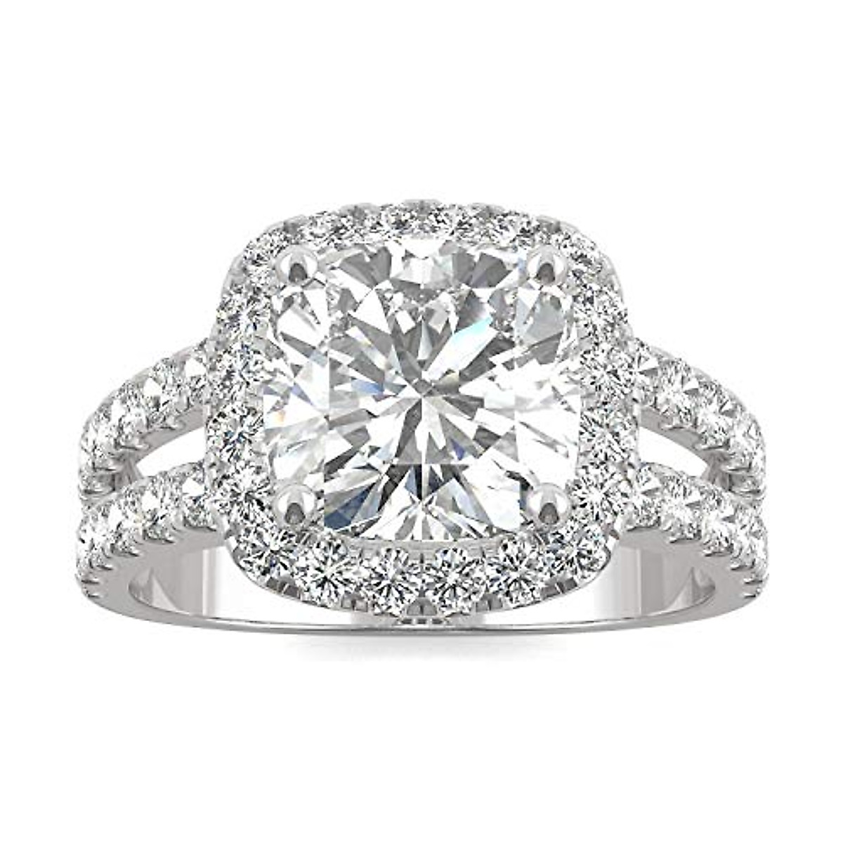 Charles & Colvard Created Moissanite 9mm Cushion Cut Engagement Ring for Women | 4.24 cttw DEW | Lab Grown | Solid 14K White Gold with Rhodium | Size 7.5