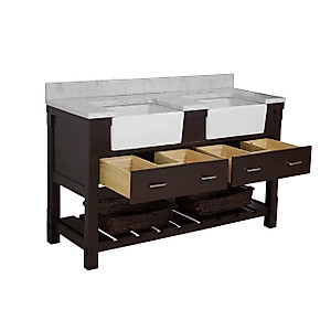 Charlotte 60-inch Double Farmhouse Bathroom Vanity (Carrara/Chocolate): Includes Chocolate Cabinet with Authentic Italian Carrara Marble Countertop and White Ceramic Apron Sinks