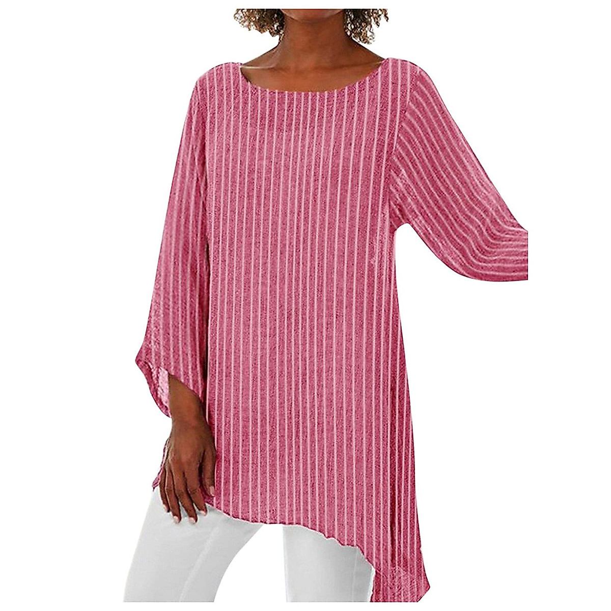 wodceeke Women's Three-quarter Sleeve T-shirt Round Neck Striped Shirt Tee Casual Loose Irregular Hem Tops (Pink, XXXL)