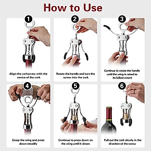 WOTOR Corkscrew Wine Opener, Zinc Alloy Wine Bottle Opener, Manual Multifunctional Wing Corkscrew for Waiters, Heavy Duty Wine Cork Remover, Silver