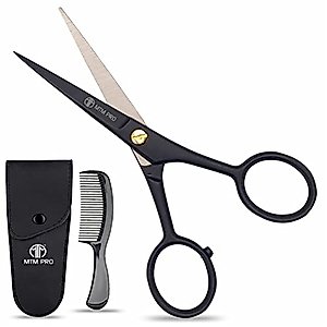 MTM PRO Professional German Beard & Mustache Scissors With Comb & Carrying Pouch - Perfect Men’s Facial Hair Grooming Kit For All Body or Facial Hair (Black)